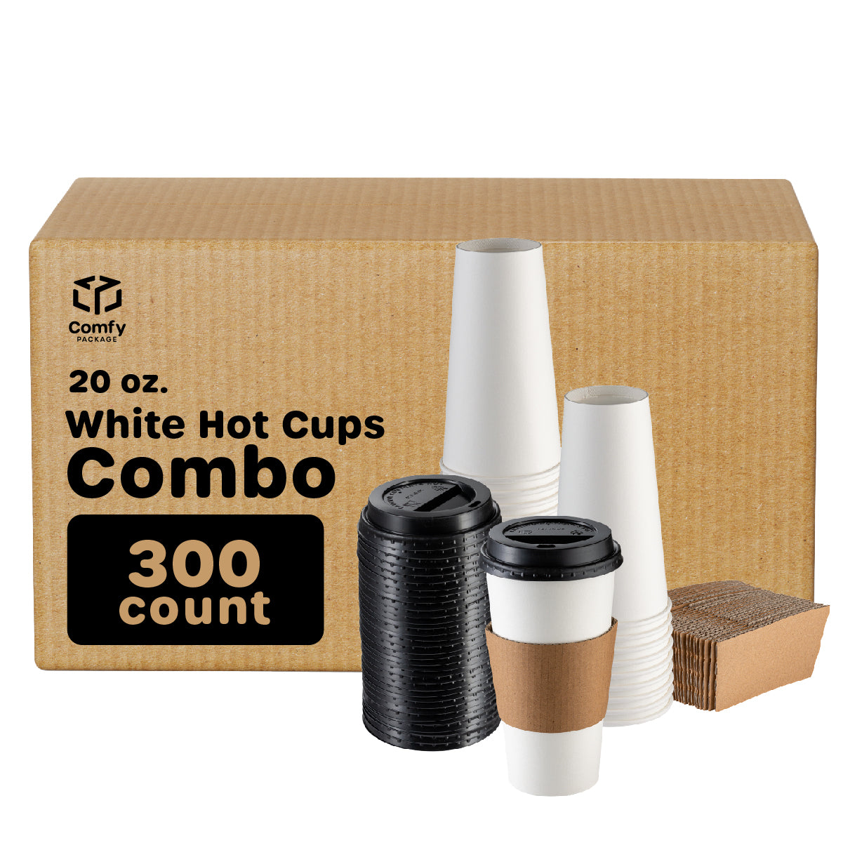 [Case of 300] 20 oz. Disposable Coffee Cups with Lids, Sleeves, Stirre