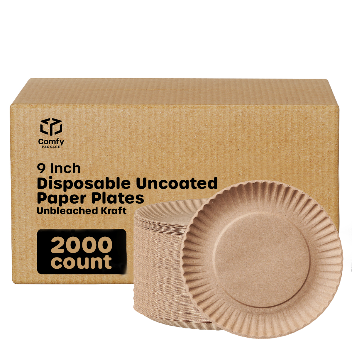 [Case of 2000] Disposable Kraft Uncoated Paper Plates, 9 Inch Large- U